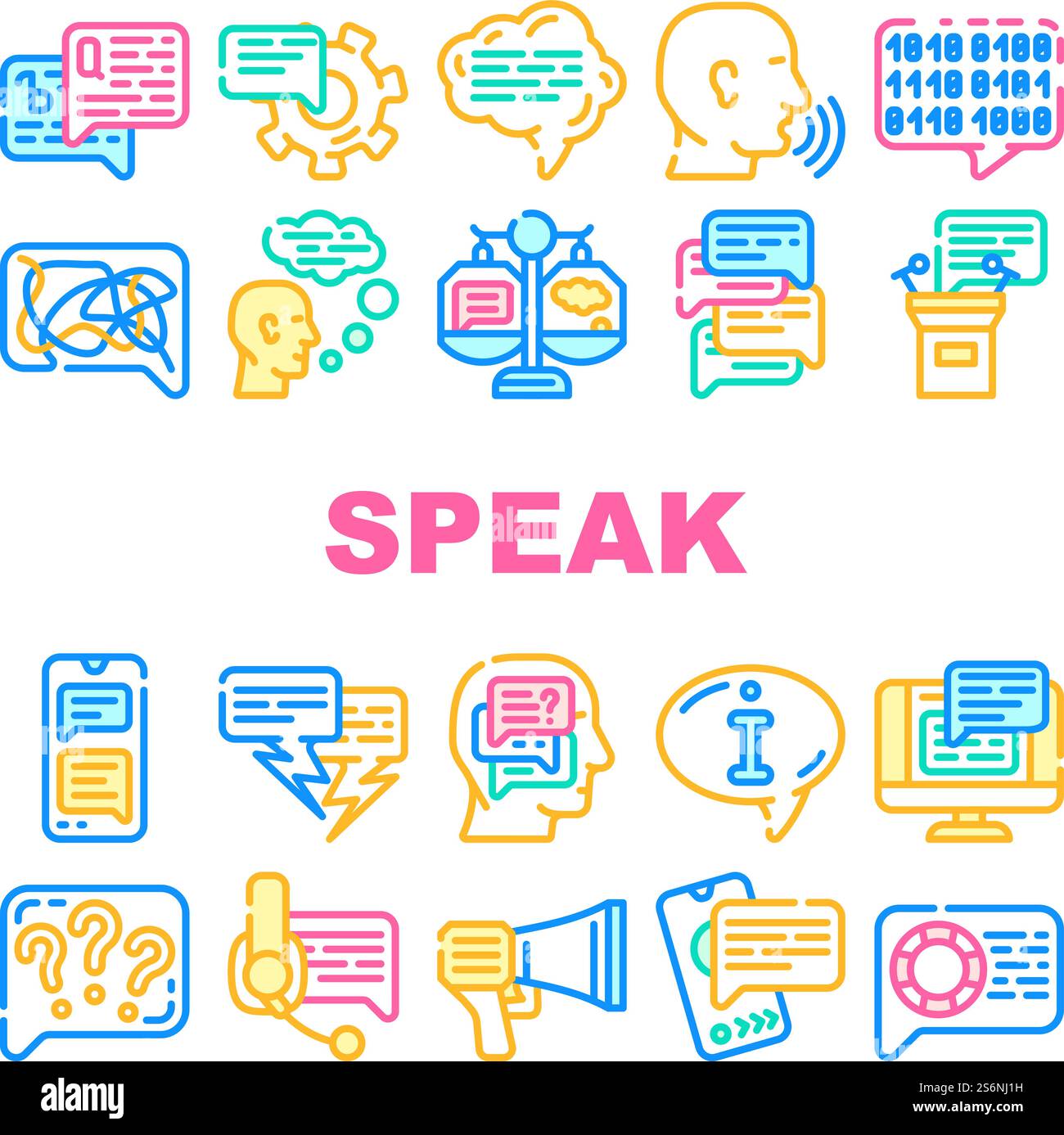 Speak Conversation And Discussion Icons Set Vector. Online Support ...