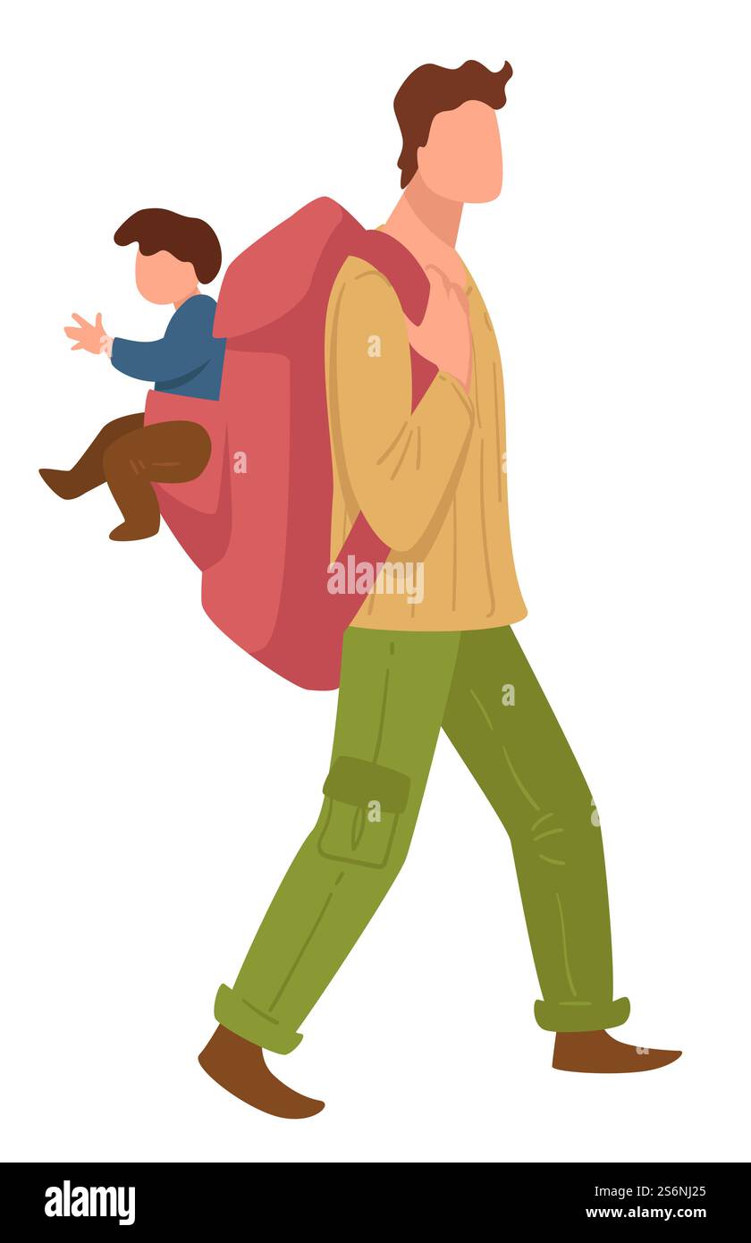 Male character carrying kid in special rucksack for kids. Isolated ...