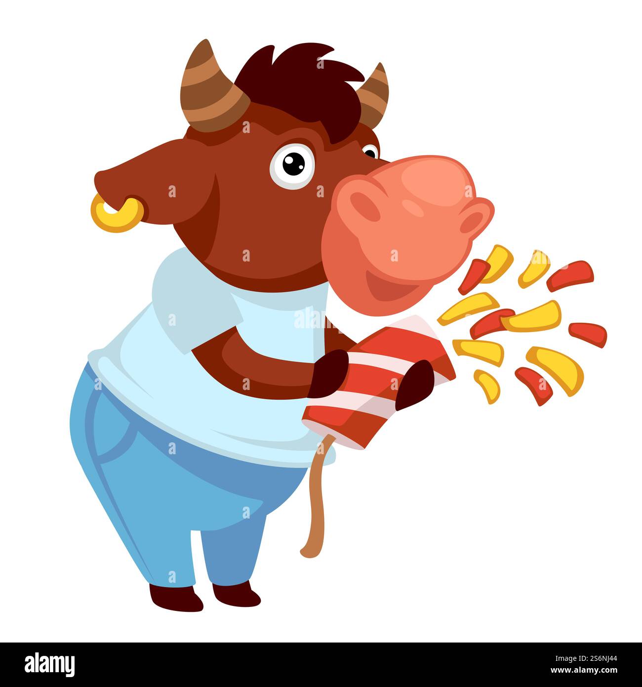 Celebrating bull character popping cracker with confetti. Isolated ...