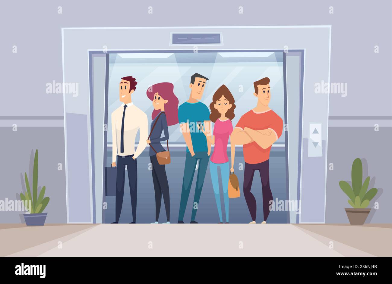 Team in elevator. Business crowd managers standing in elevator bright ...