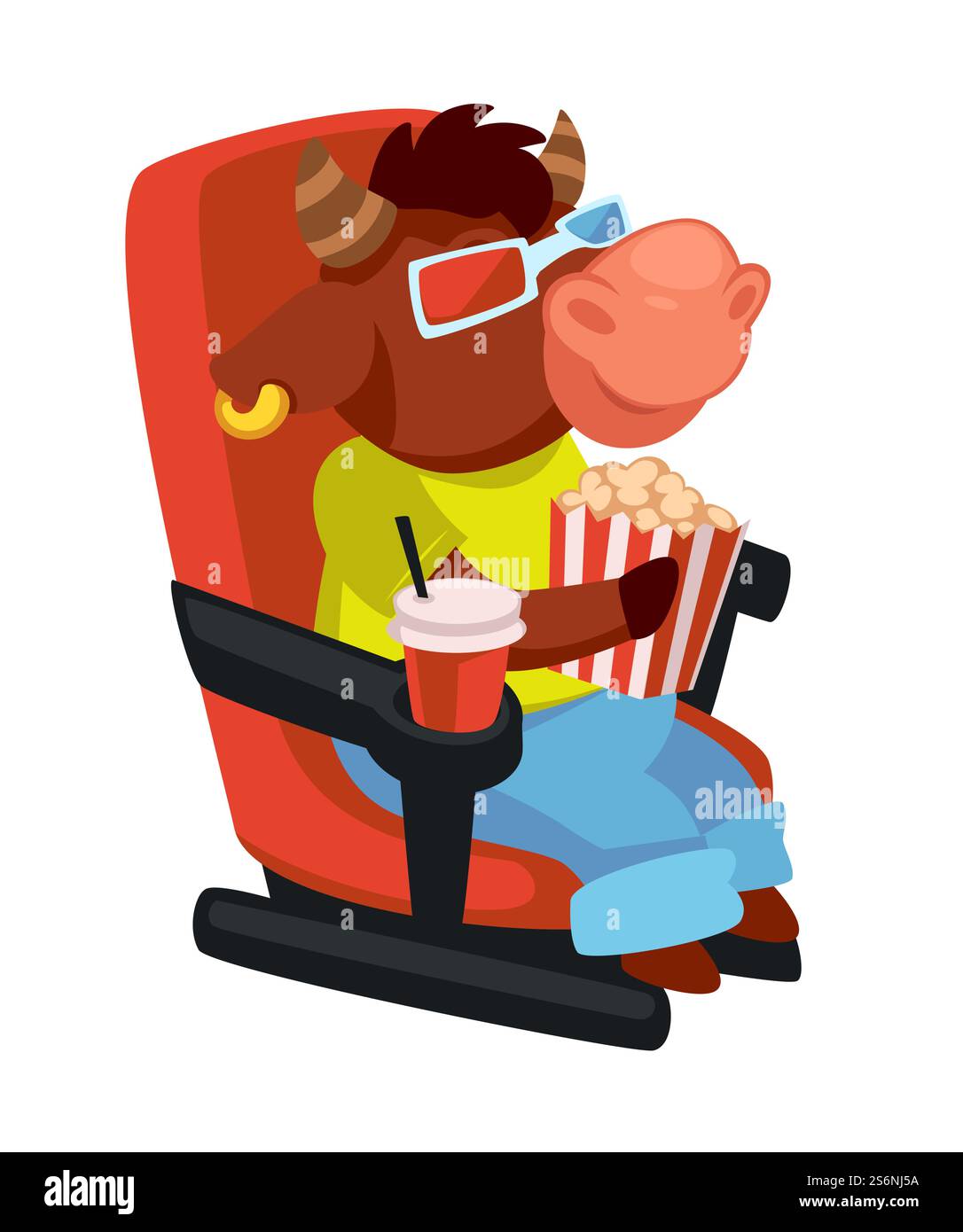 Ox relaxing on weekends eating popcorn and drinking soda in cinema ...