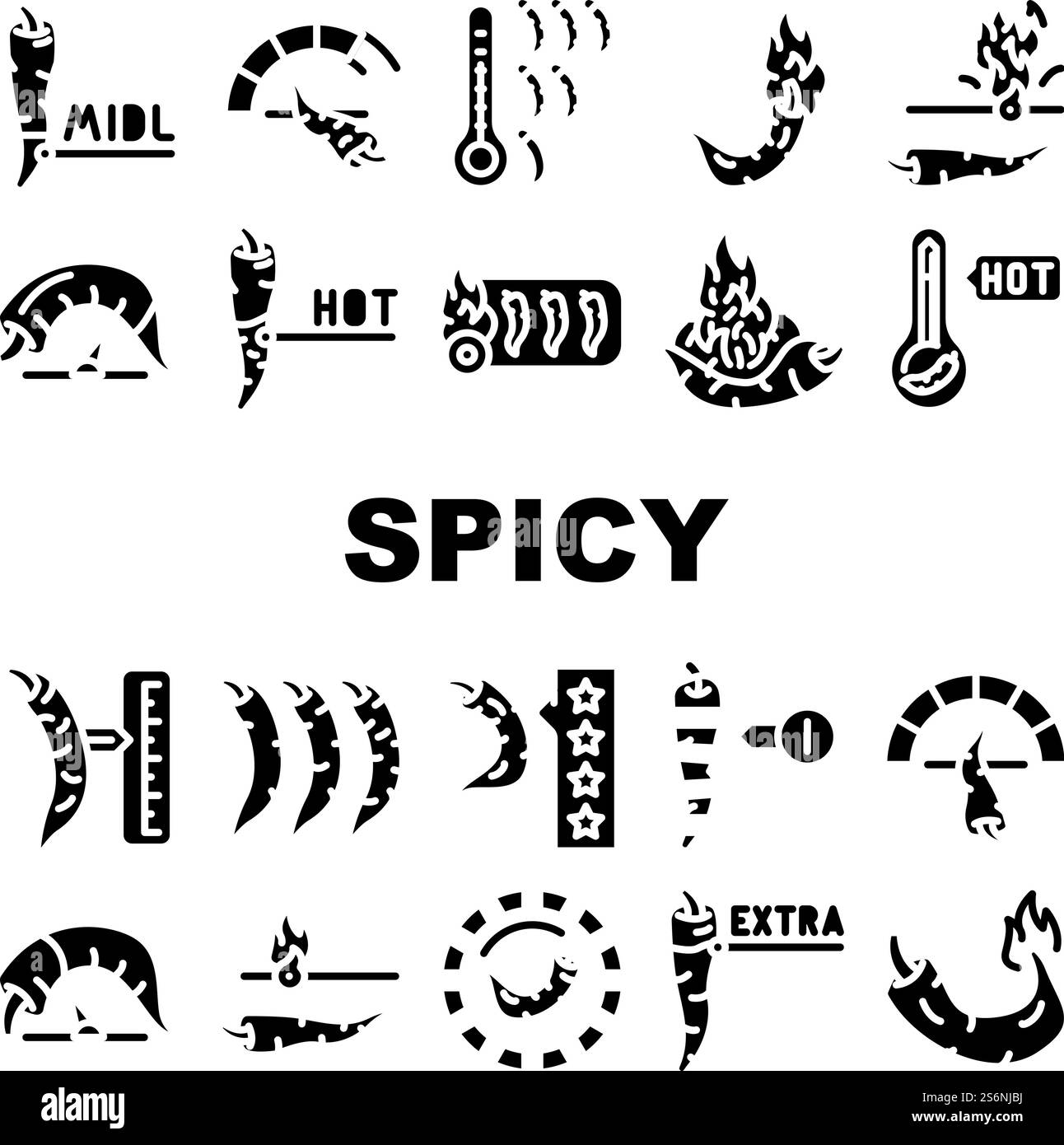 Spicy Pepper Different Scale Icons Set Vector. Burning Cayenne Spice ...