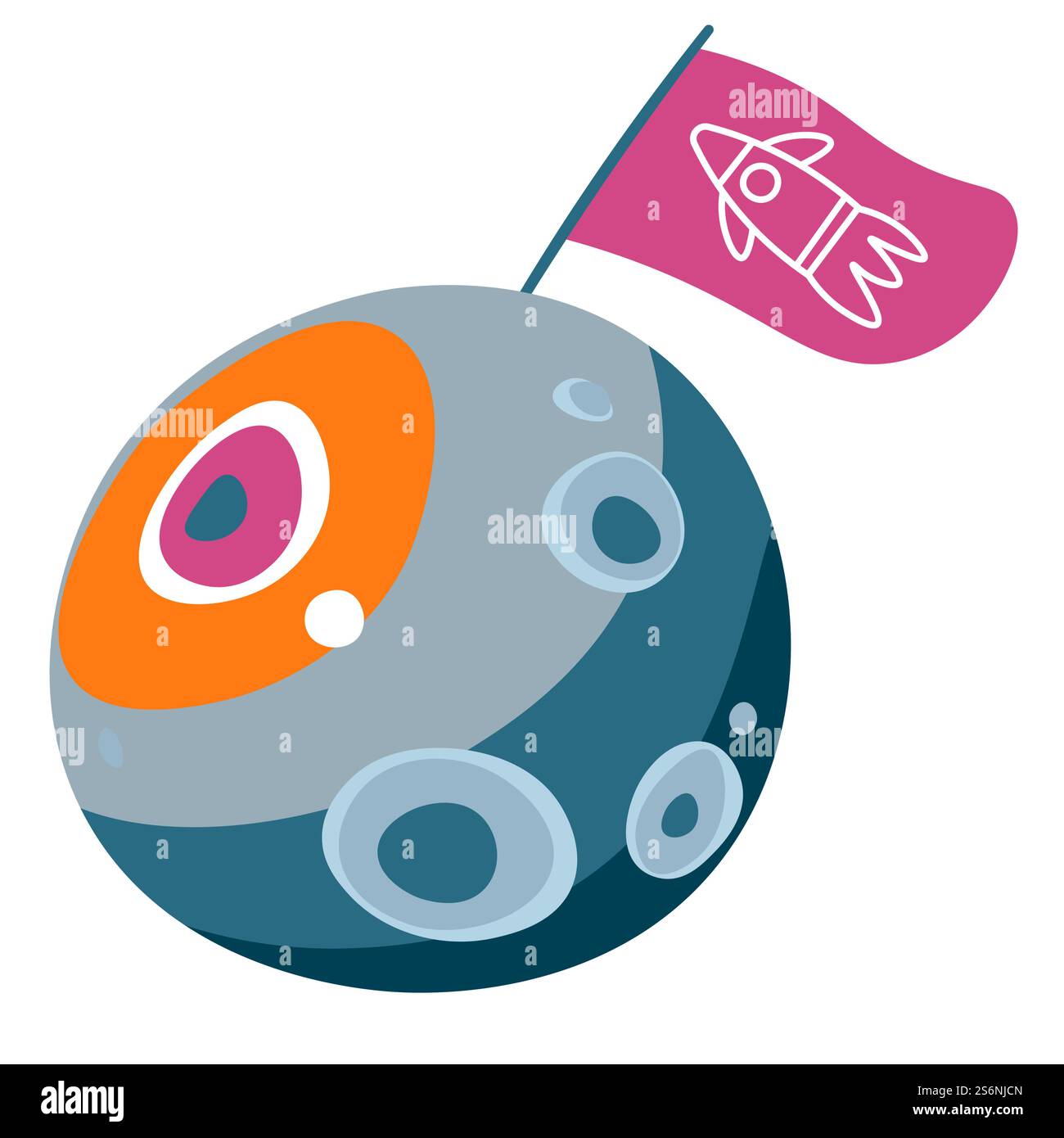 Flag on pole with rocket or spaceship put on surface of moon ...