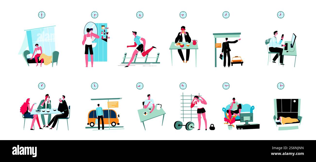 Routine and schedule of male character. Waking up and brushing teeth ...