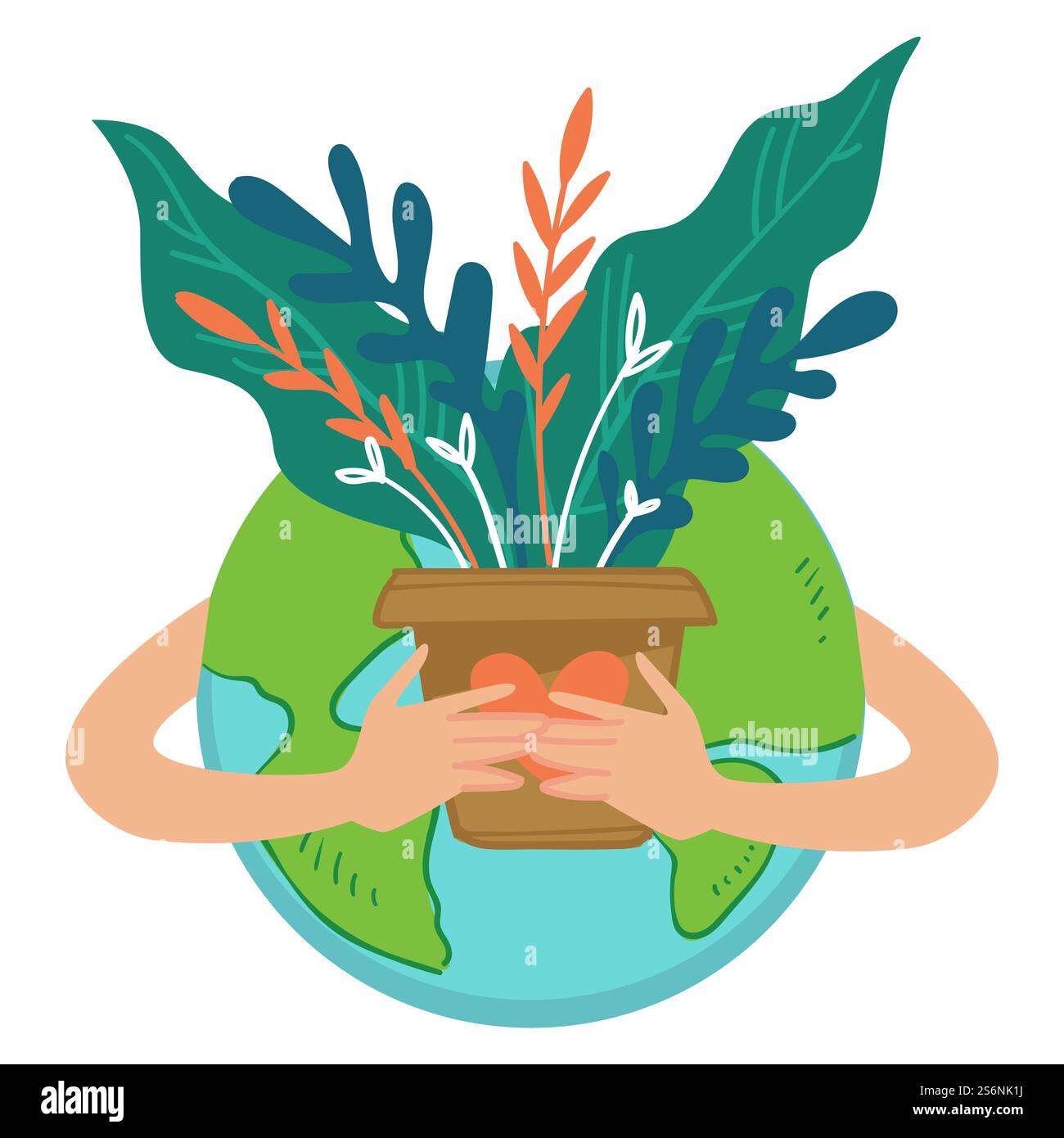 Caring for nature and natural resources of planet earth. hands holding potted plant with lush ...