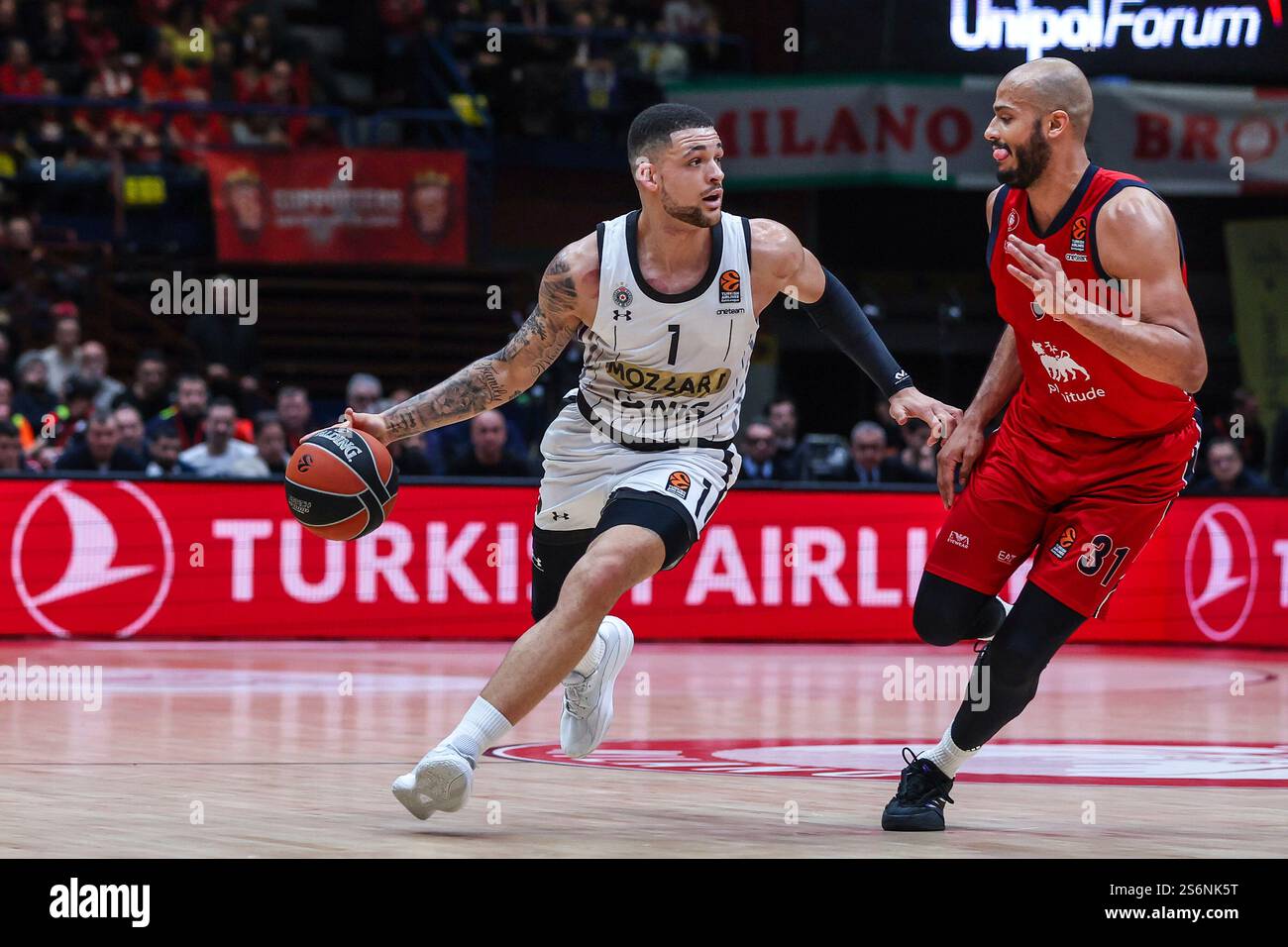 Milan, Italien. 16th Jan, 2025. (L-R) Iffe Lundberg #1 of Partizan ...