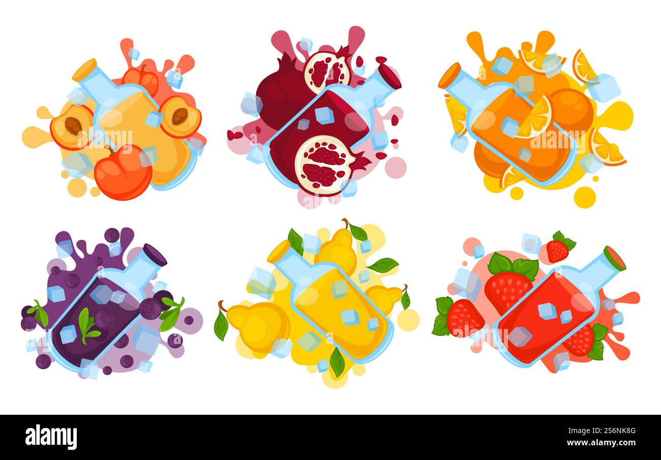 Collection of juicy natural fruit juices in bottles. Sweet tropical ...