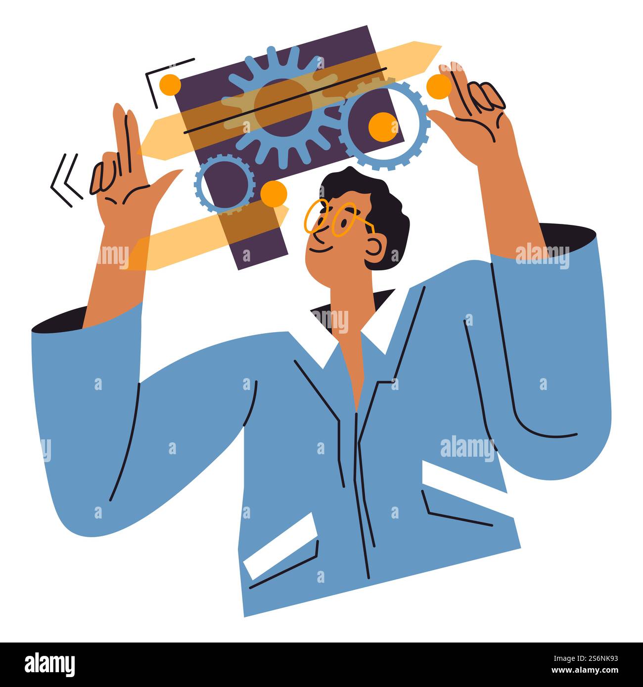 Male character discovering new properties and functions of device with ...