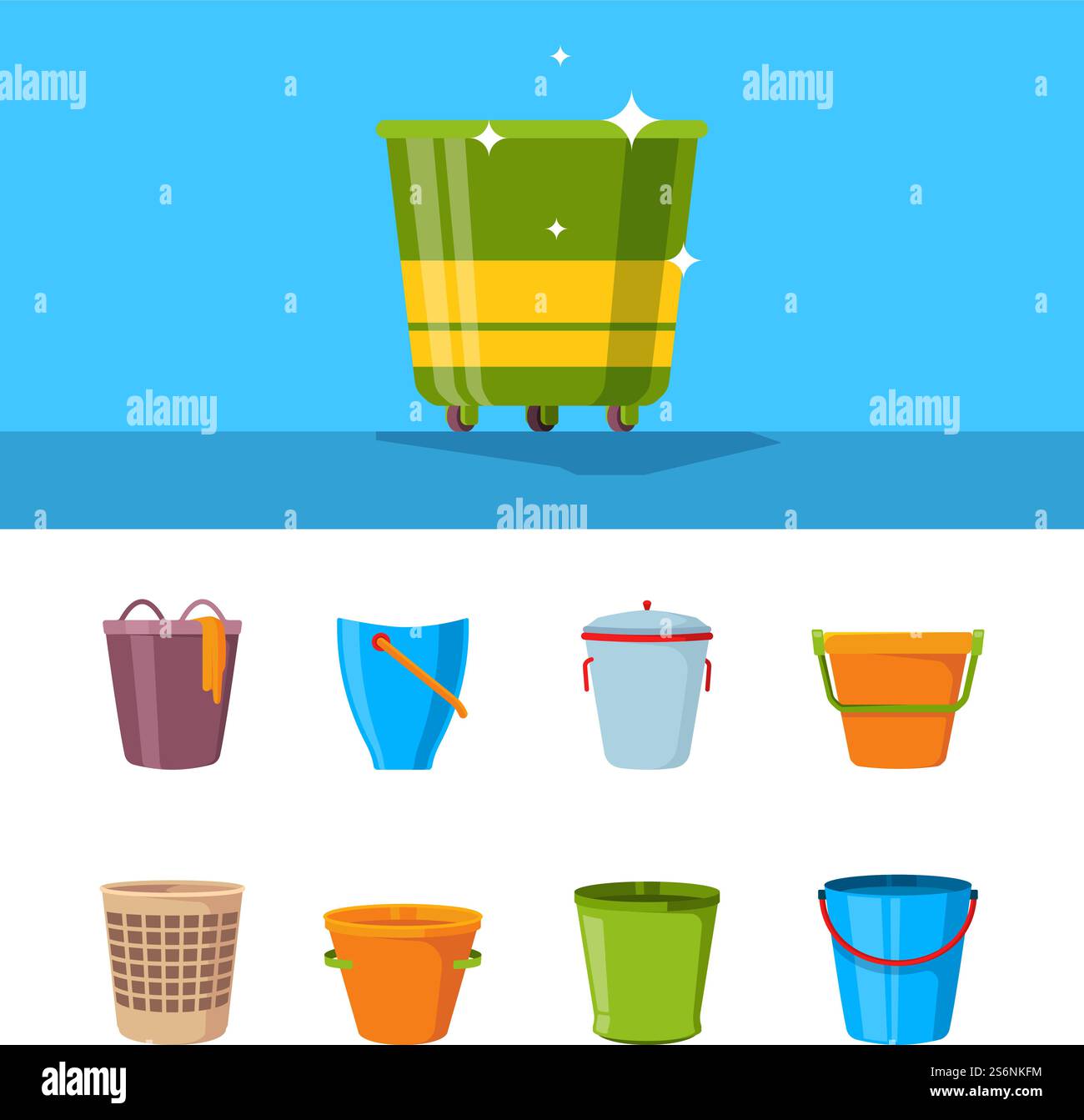 Bucket cartoon. Plastic wooden and metallic empty containers with ...