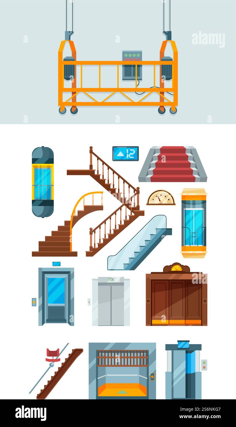 Elevator. Building stairs apartment lifting mechanism vector collection ...