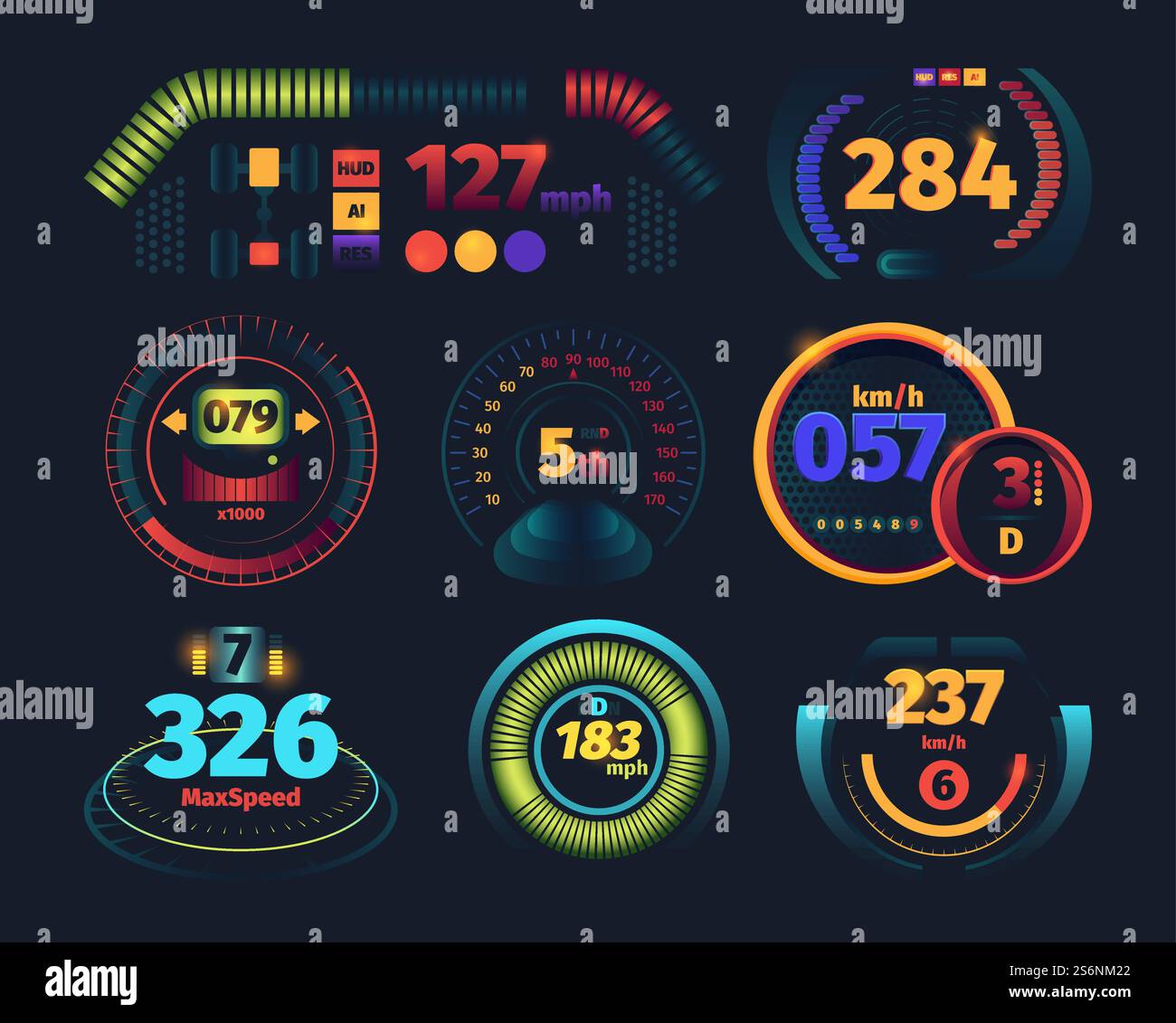 Speedometer. Engine motor odometer car dashboard with indicators danger speed arrows vector ...