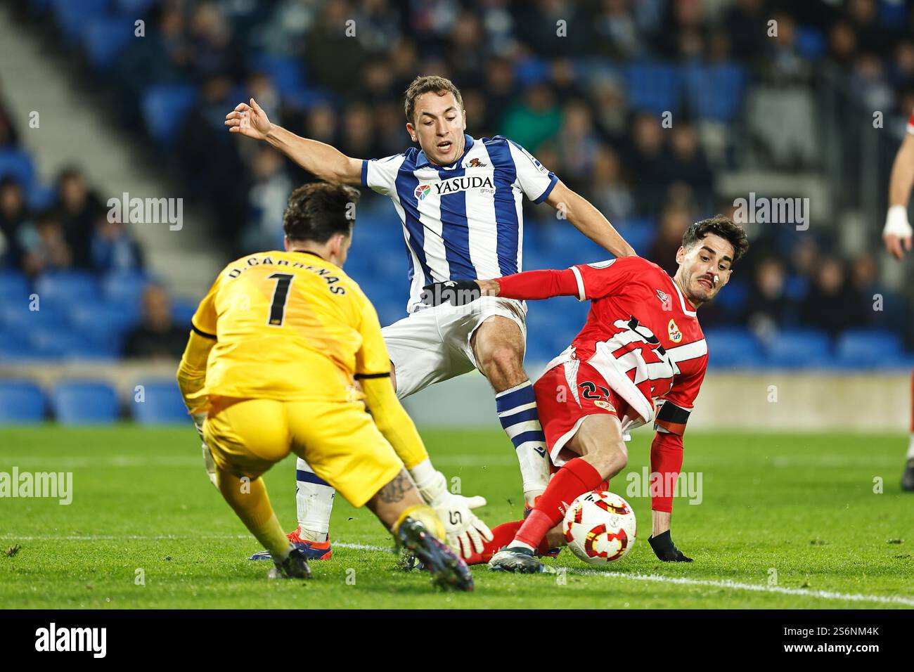 San Sebastian, Spain. 16th Jan, 2025. (L-R) Dani Cardenas (Rayo), Jon ...