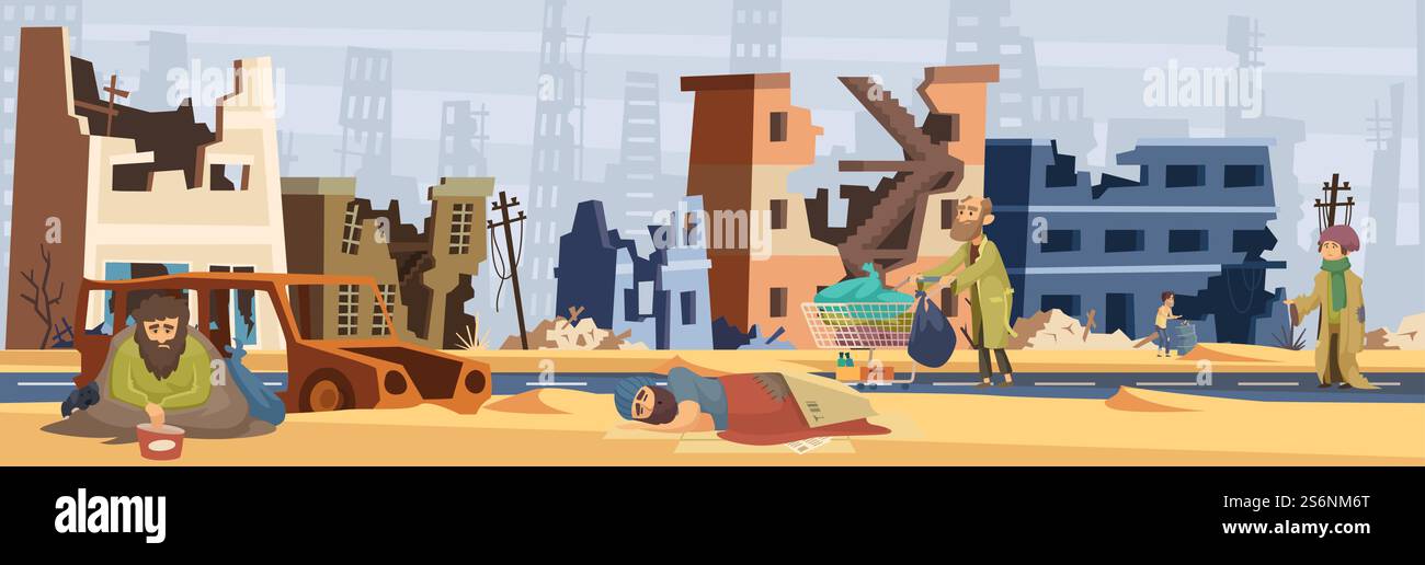 Poor people in damaged city. War affected people, broken homes and road ...