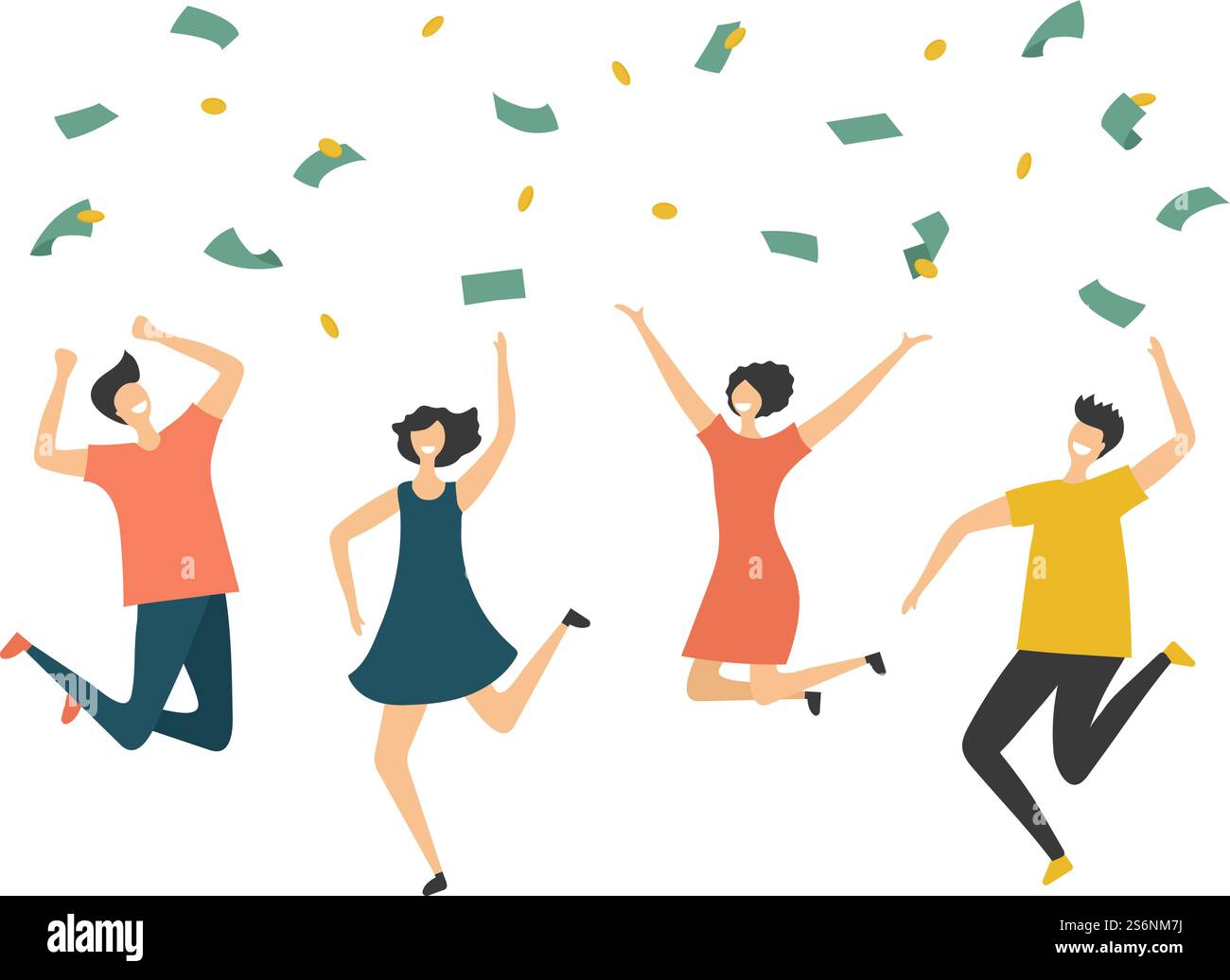 Happy people under money rain jumping man woman hi-res stock ...
