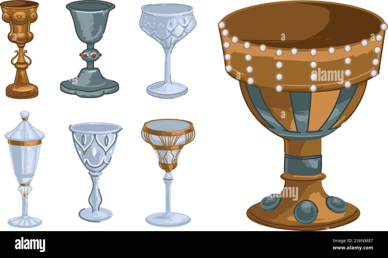 Mugs and cups decorated with gemstones and pearls, isolated goblets ...