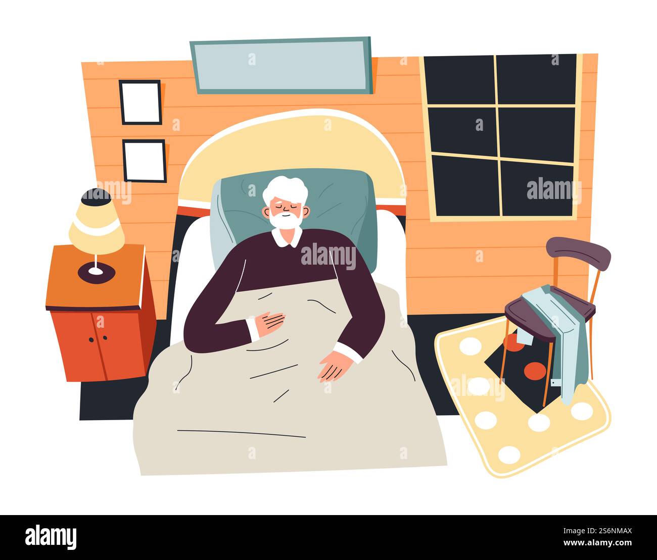 Old man resting in bedroom, man sleeping at home. Interior of room of ...