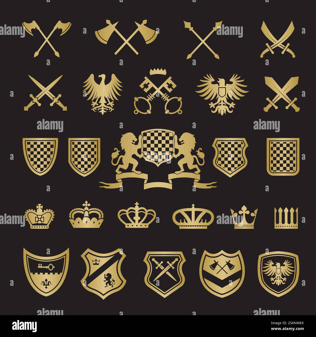 Heraldic badges. Medieval stylized shapes swords shields crowns lions ...