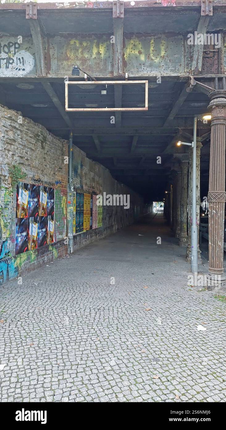 Underpass under a steel bridge with lots of graffiti and posters Stock ...