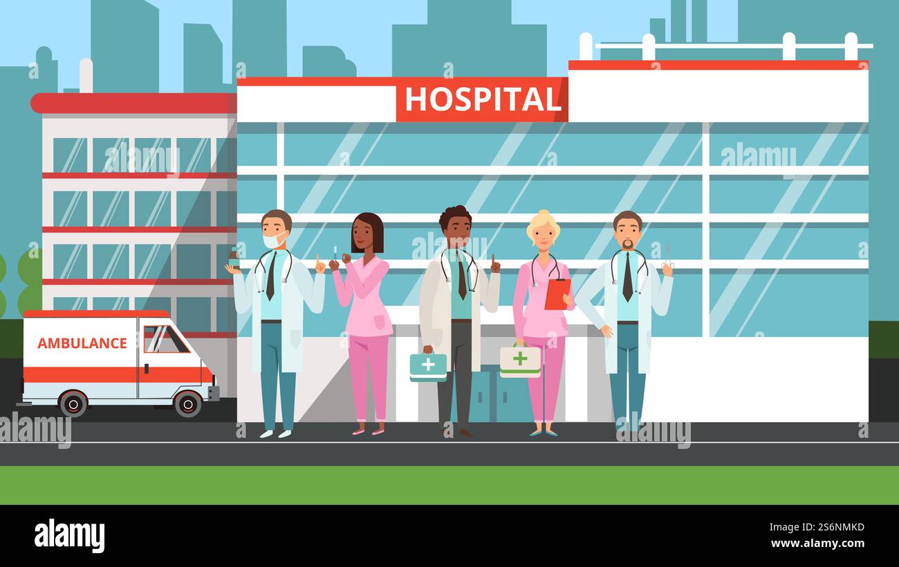 Medical team. Doctors and nurses, hospital building and ambulance ...
