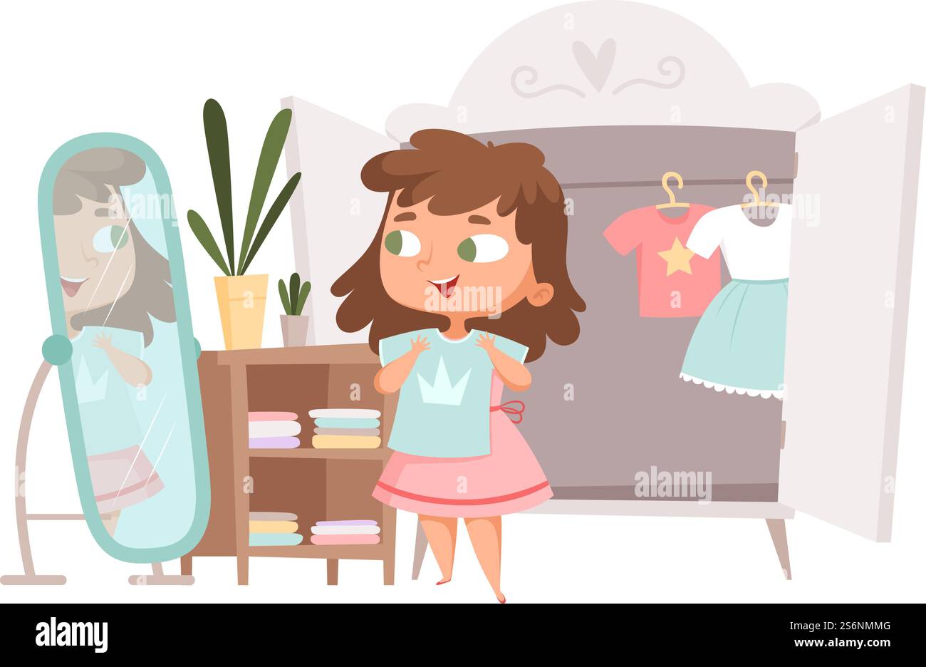 Girl dressing up. Cute baby choice clothes in wardrobe. Cartoon fashion ...