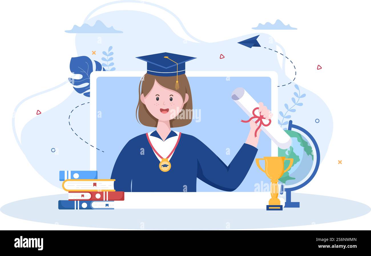 Online Virtual Graduation Day of Students Celebrating Background Vector ...