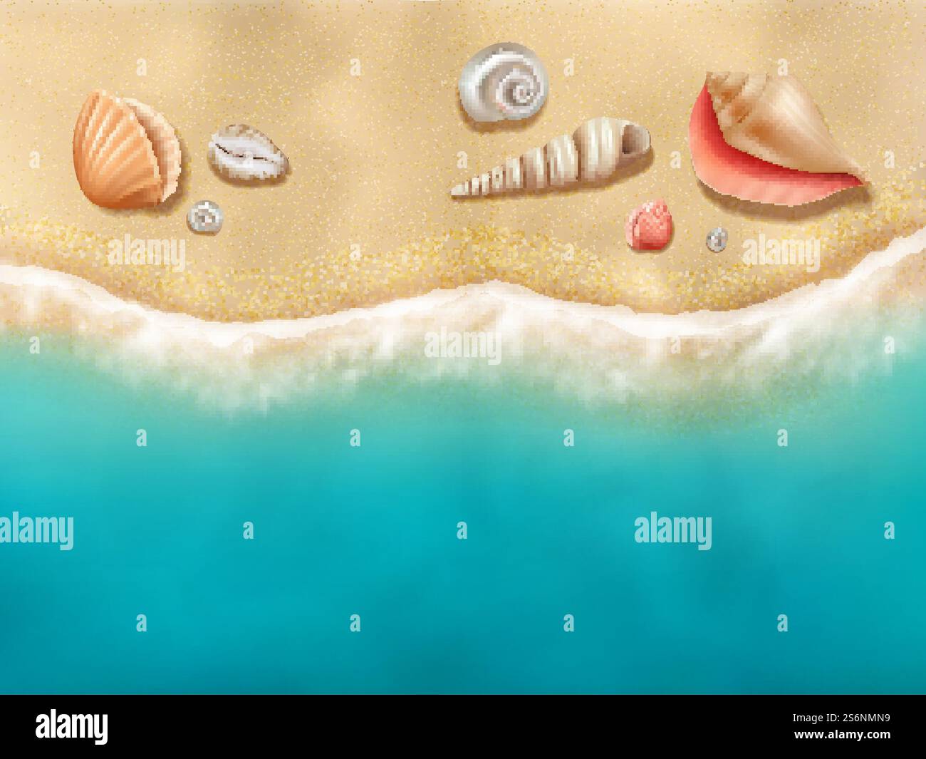 Seaside top view. Sun beach with seashells on sand near ocean water vector realistic background ...