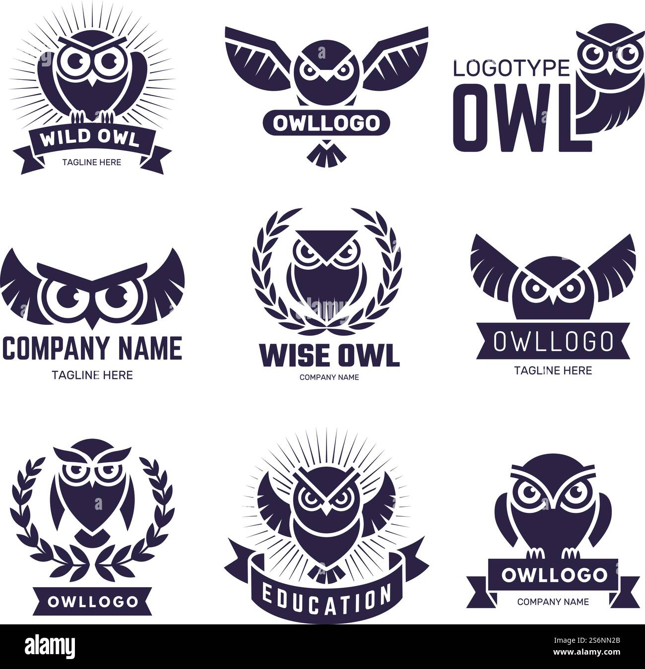 Owl badges. Flying birds with feathers wild animals emblems or logos ...
