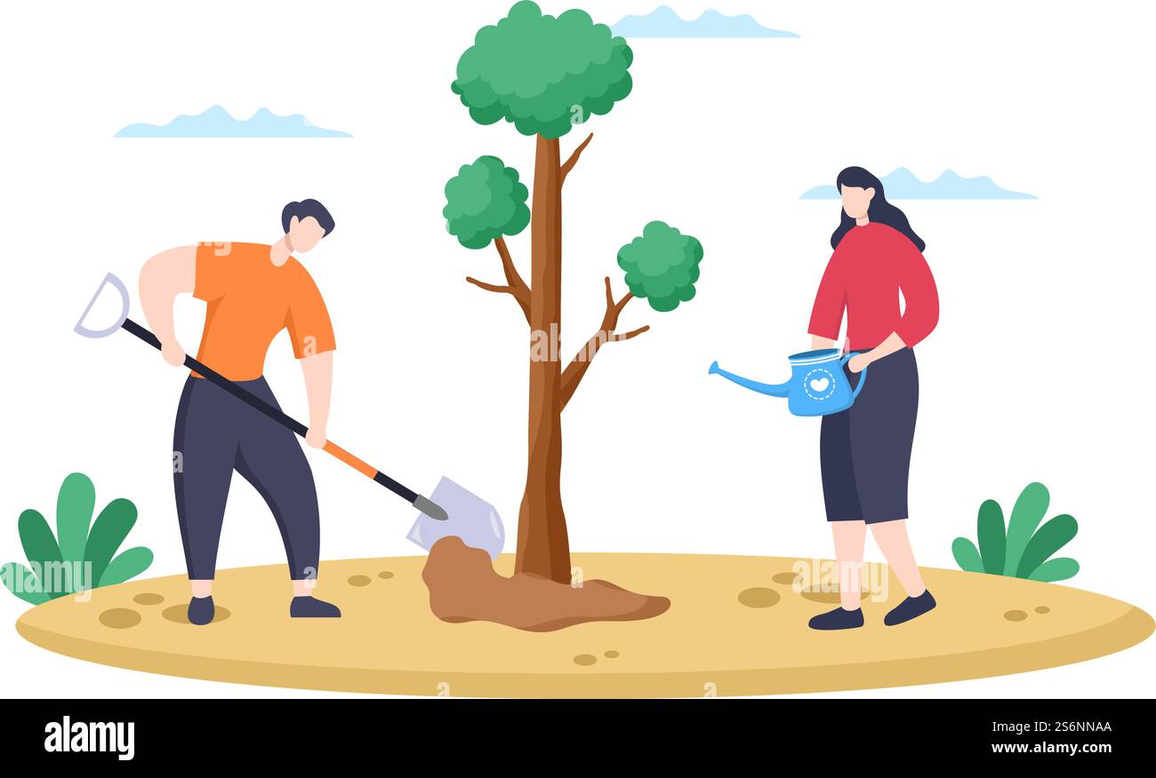 People Planting Trees Flat Cartoon Vector Illustration With Gardening ...
