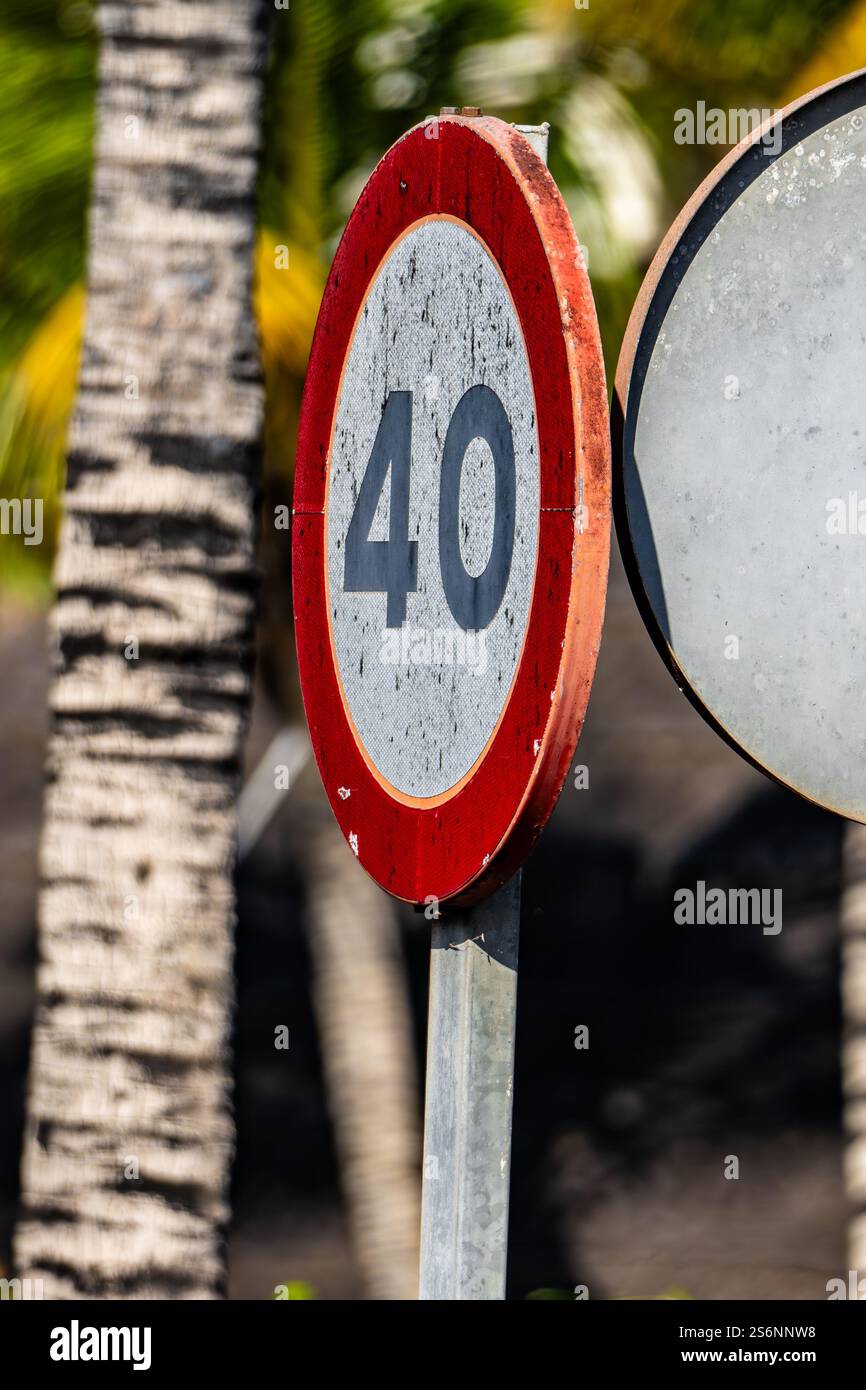 A red and white sign with the number 40 on it. The sign is surrounded ...