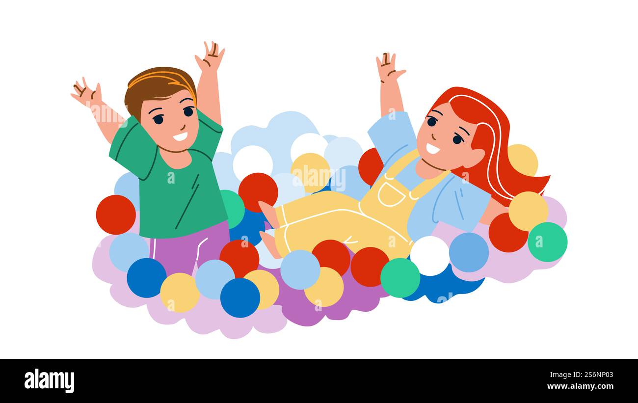 In Ball Pool Playing Boy And Girl Children Vector. Kid Resting And ...