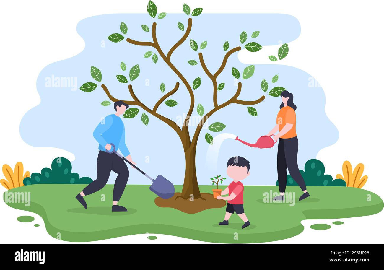 People Planting Trees Flat Cartoon Vector Illustration With Gardening ...