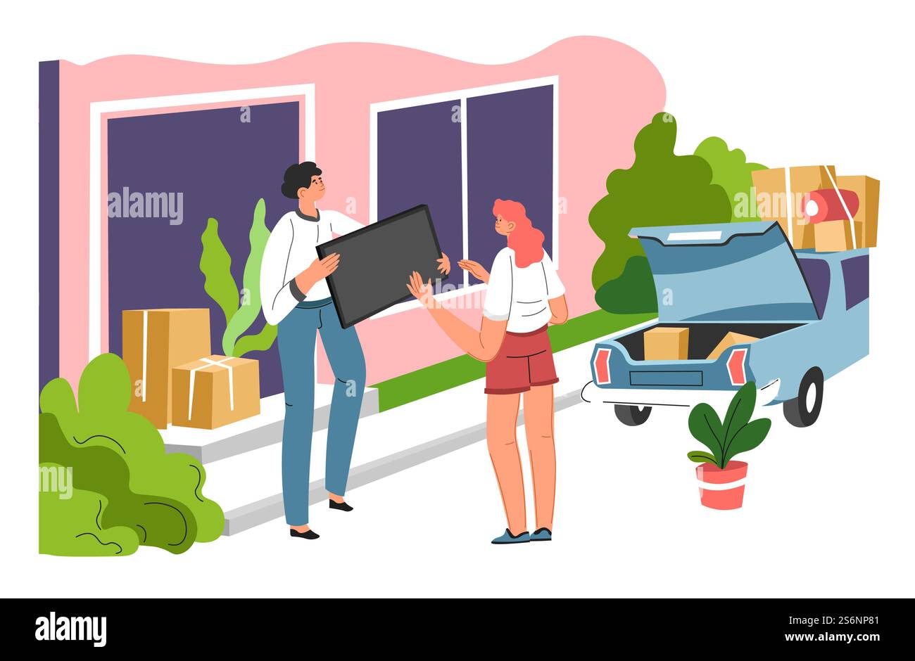 Female character moving out and transporting furniture and personal ...