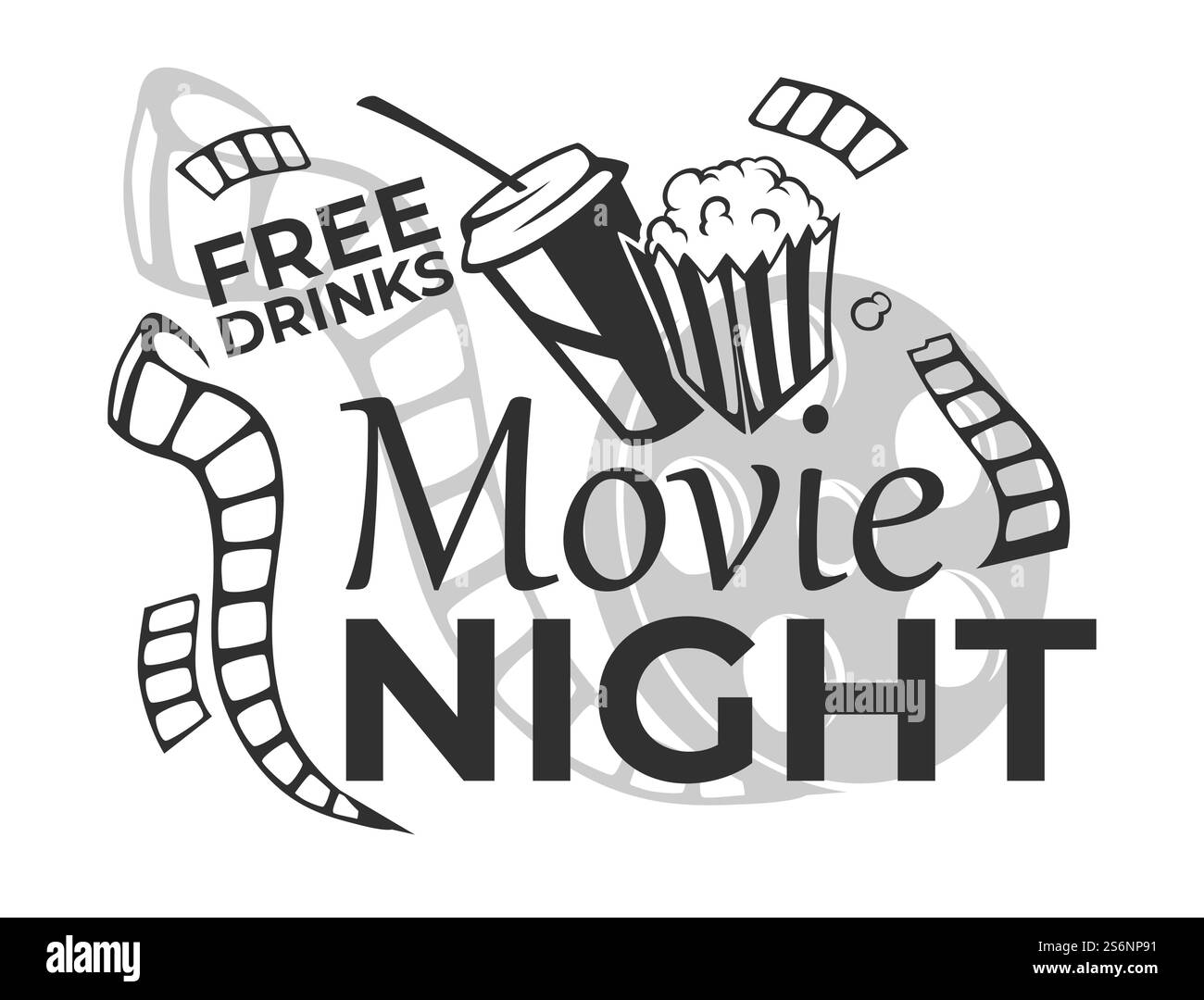 Free drinks and snacks on movie night, isolated monochrome sketch with ...