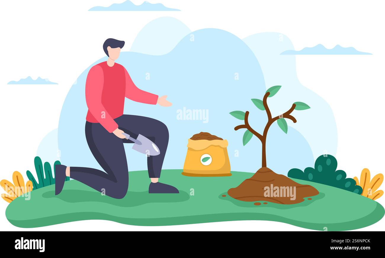People Planting Trees Flat Cartoon Vector Illustration With Gardening ...