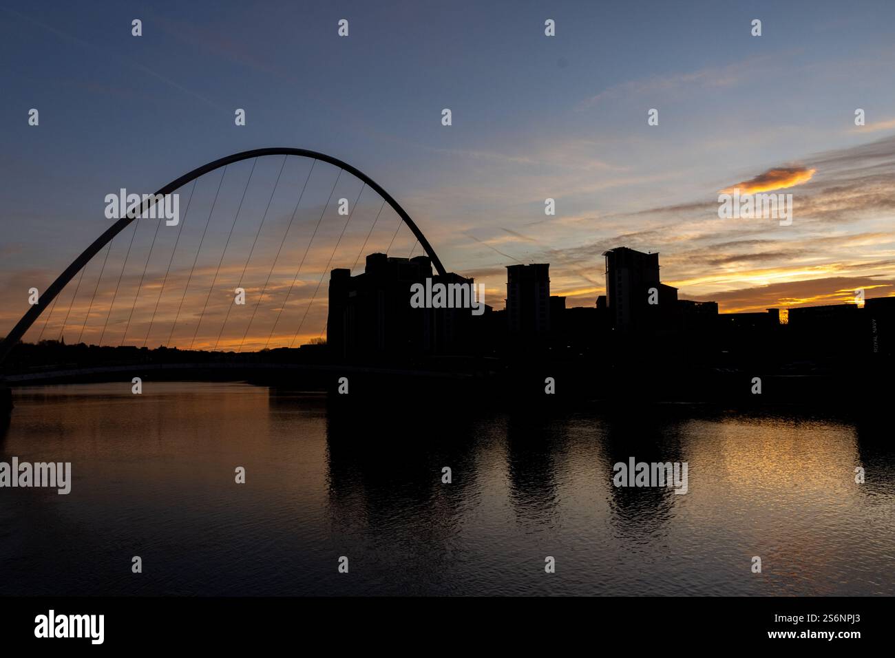 Silhouettes of the iconic Millennium bridge in Newcastle upon Tyne ...