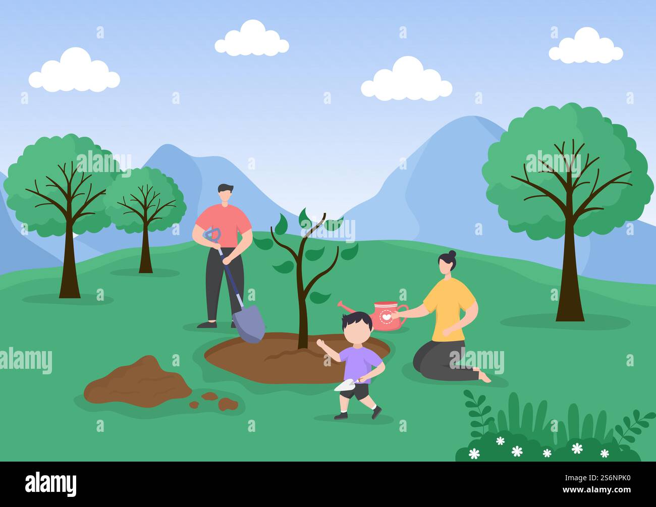 People Planting Trees Flat Cartoon Vector Illustration With Gardening ...