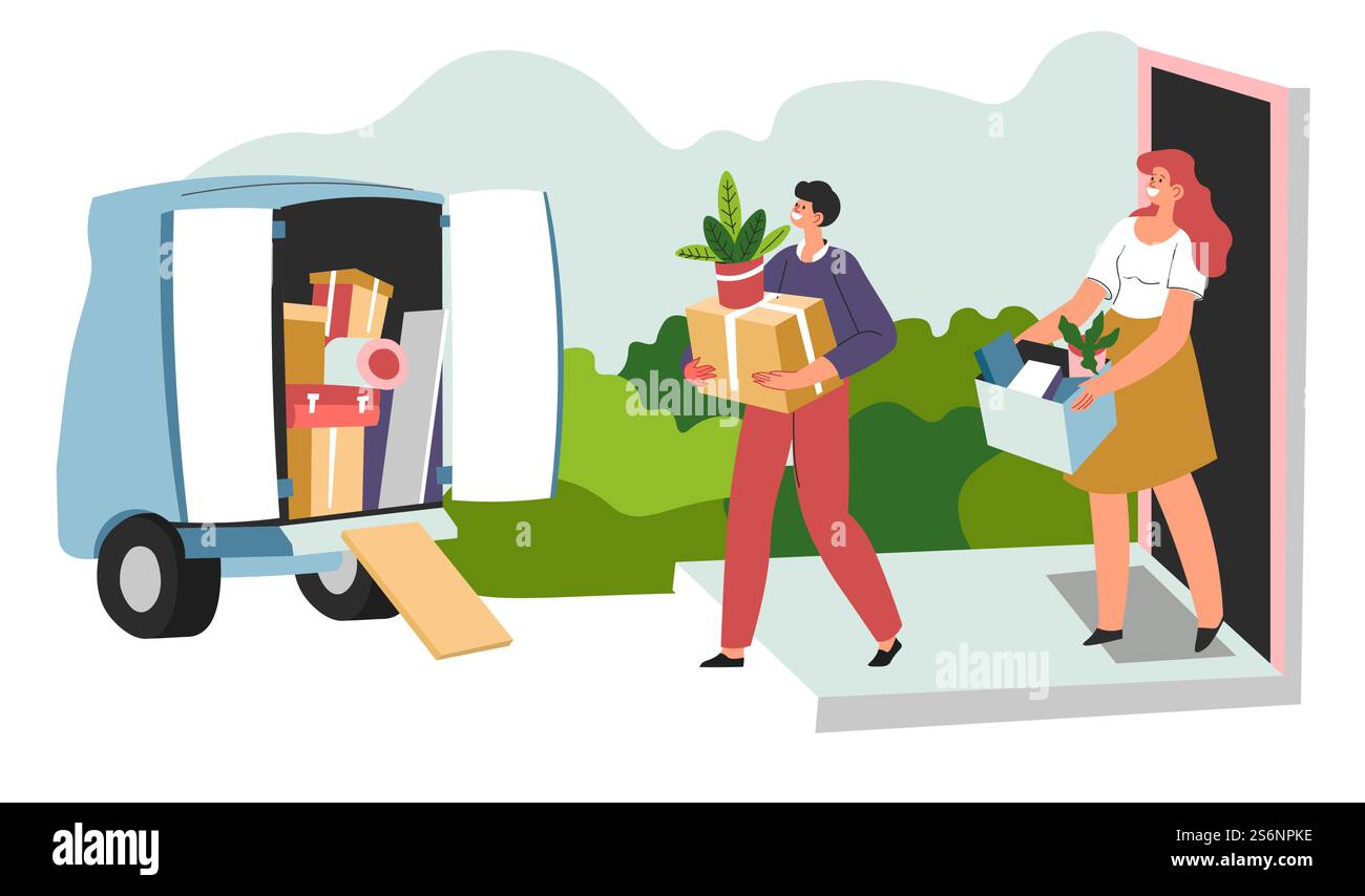 Man and woman changing place to live, male and female character moving ...