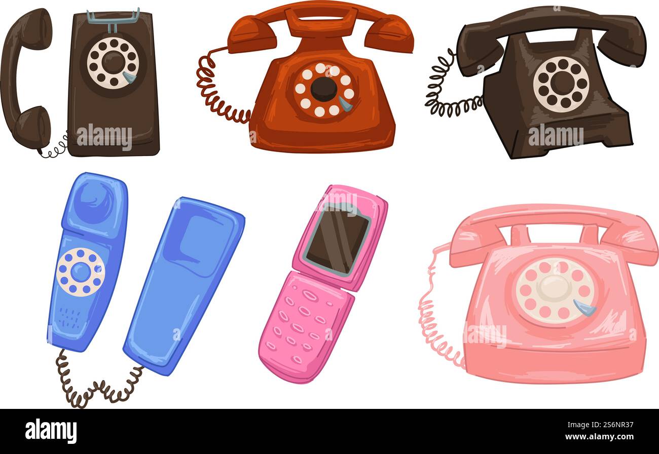 Old fashioned designs of phones with wires and cords. Isolated retro ...