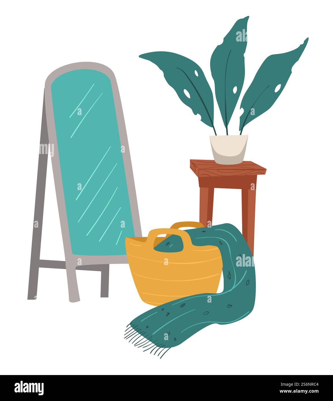 Full length mirror, coffee table with houseplant, basket with scarf or ...