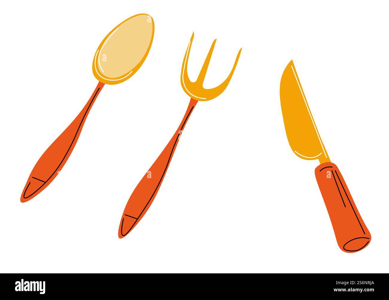 Cutlery of gold, isolated set of spoon, fork and sharp knife. Eating ...