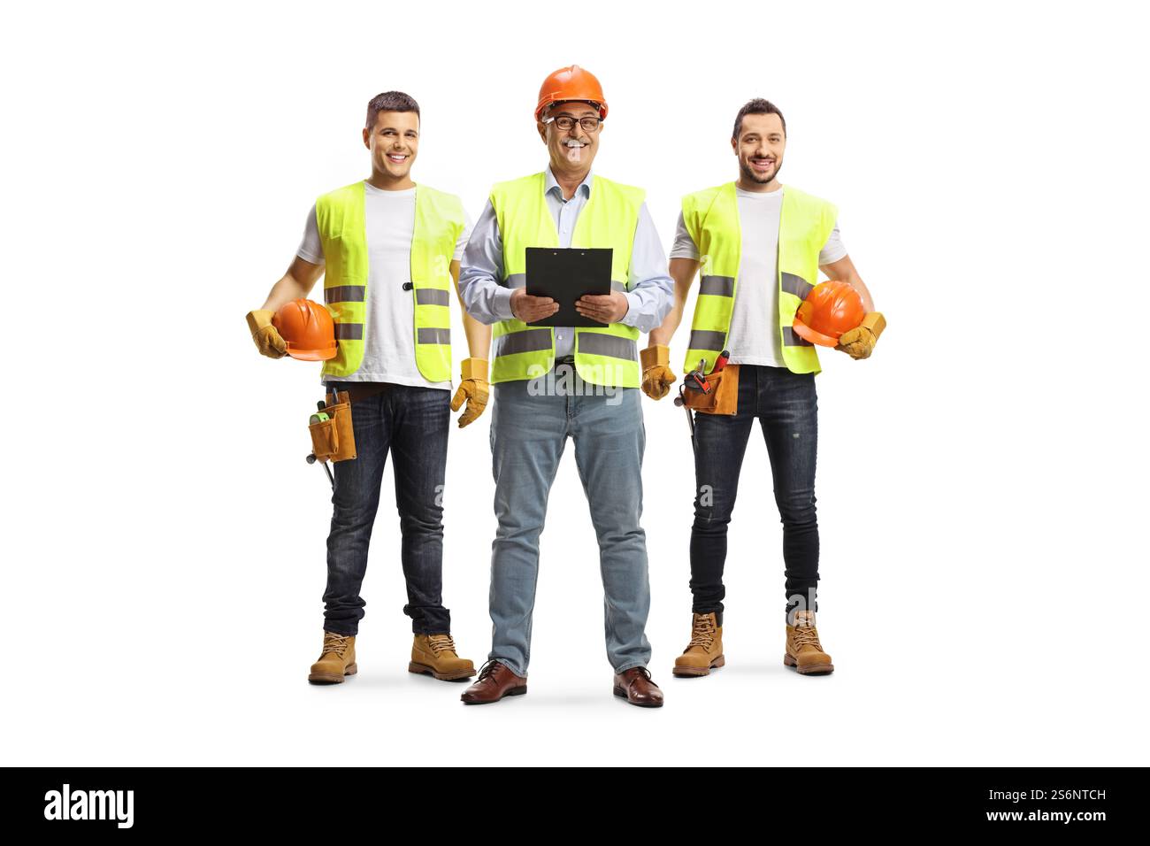 Site engineer and two construction workers isolated on white background ...