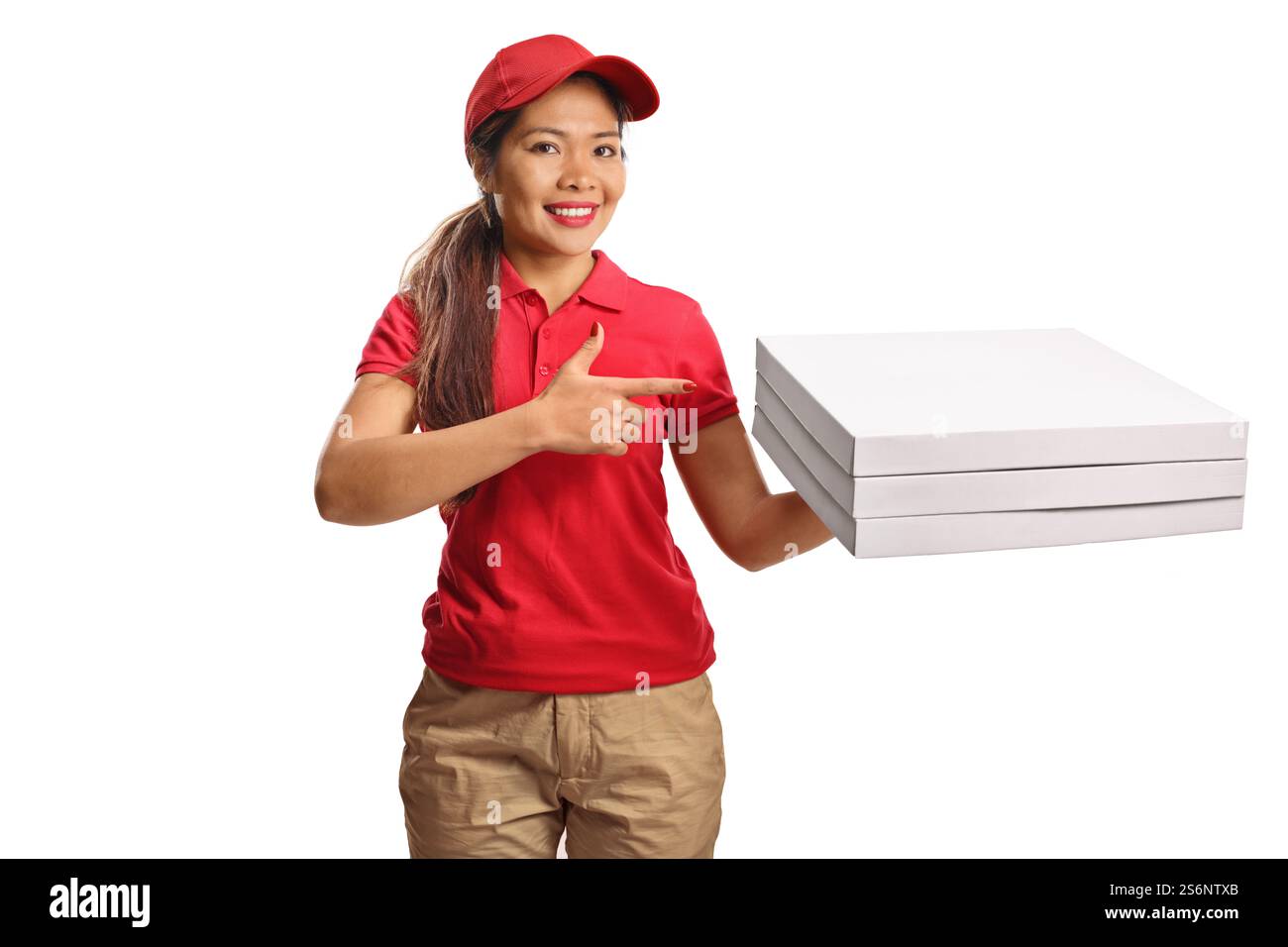 Asian food delivery woman pointing at pizza boxes isolated on white ...