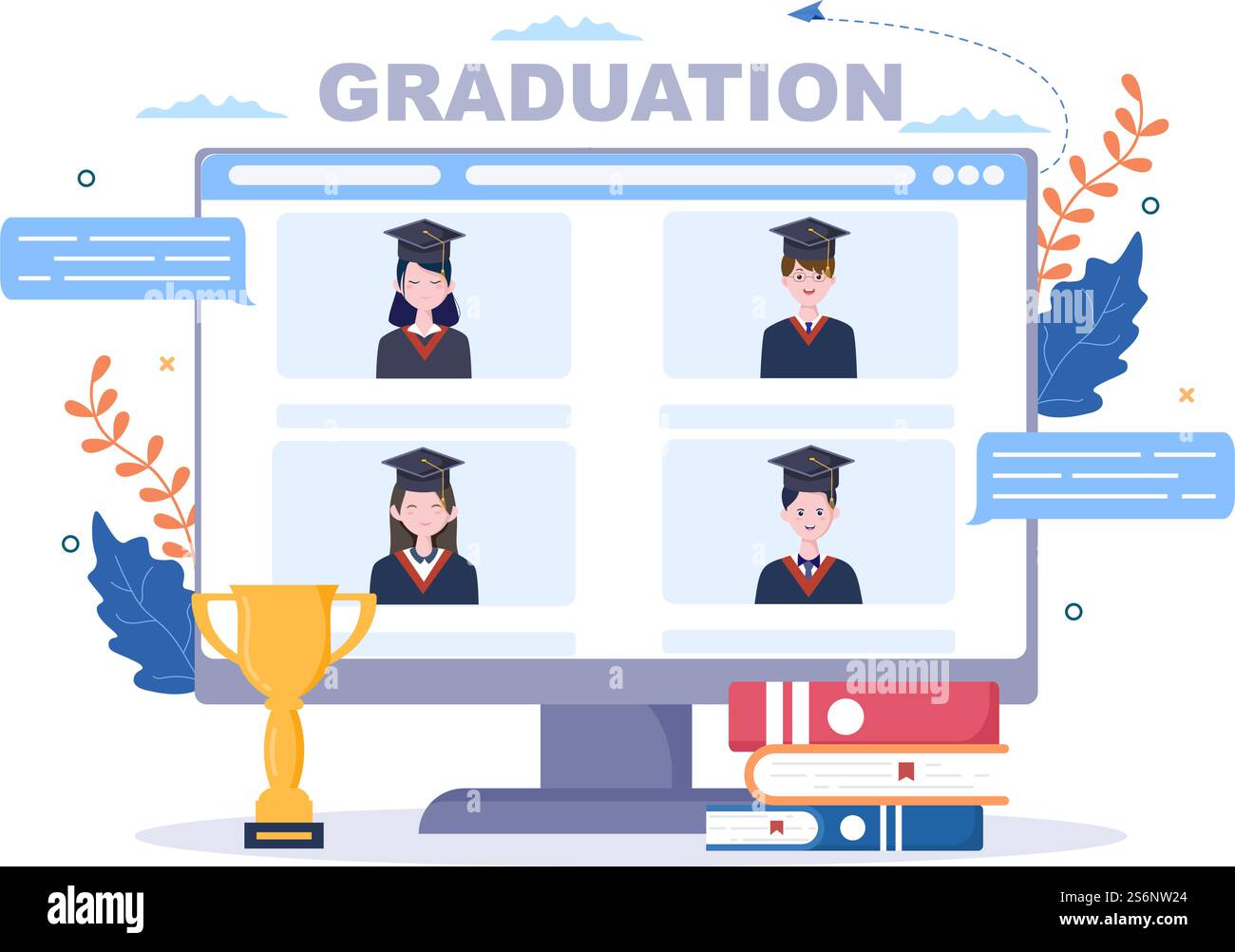 Online Virtual Graduation Day of Students Celebrating Background Vector ...