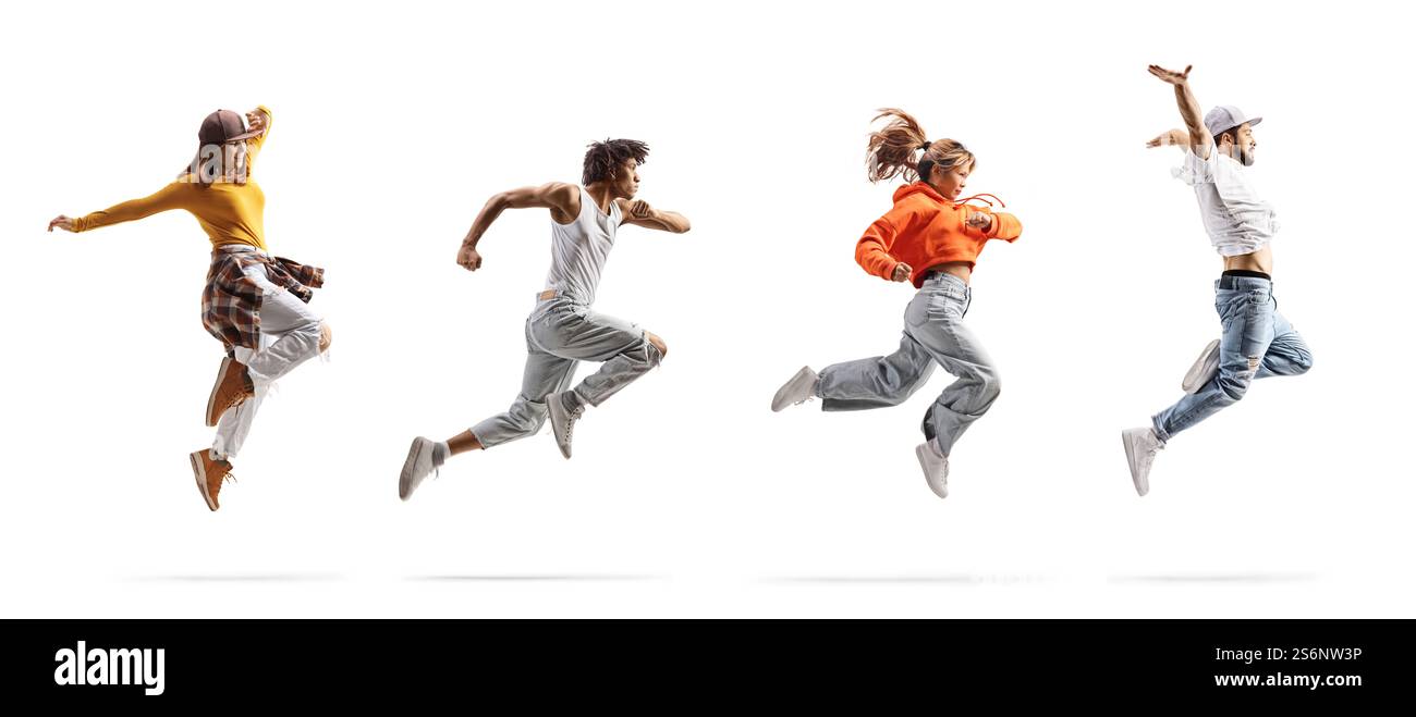 Group of dancers jumping isolated on white background Stock Photo - Alamy