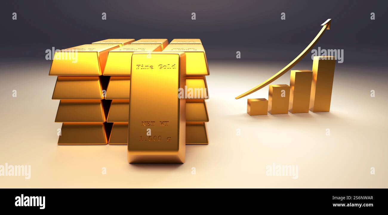 Stacked fine gold bars with an upswing arrow on a grey background, 3d ...