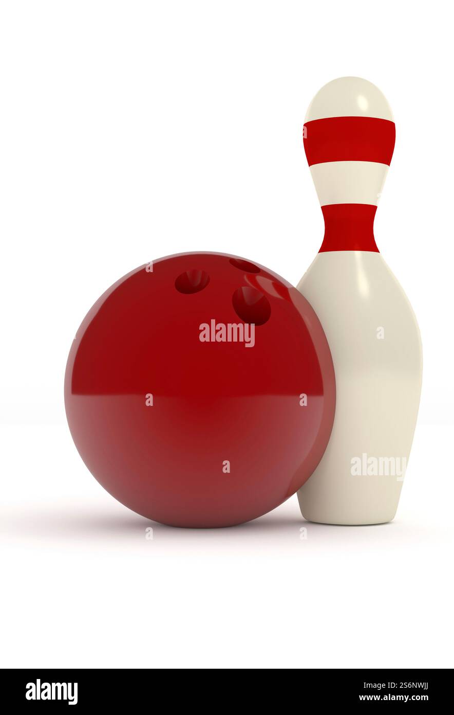 Bowling pin with a red bowling ball on a white background, 3d sports ...