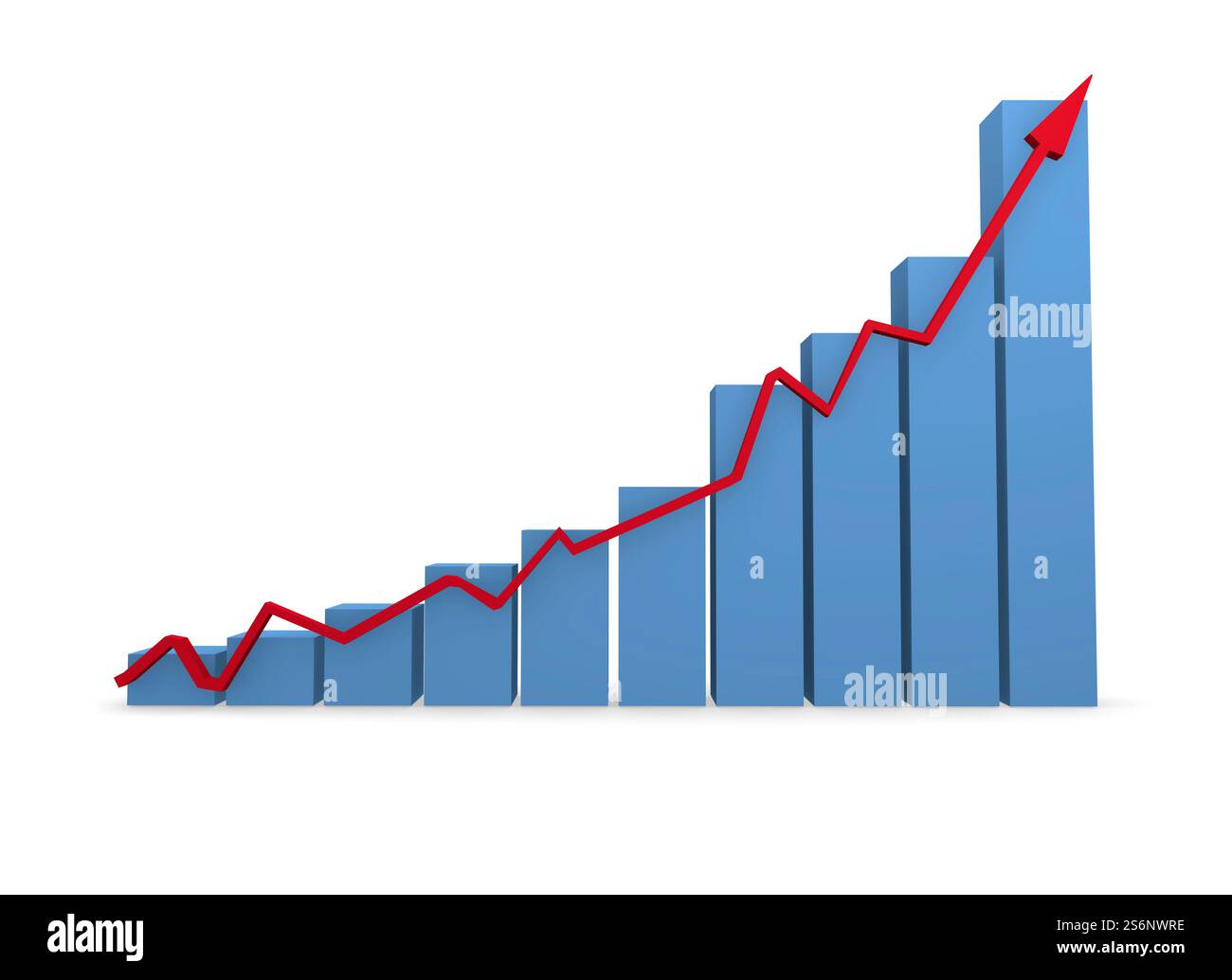 Business graph in blue with a red upswing arrow on a white background ...