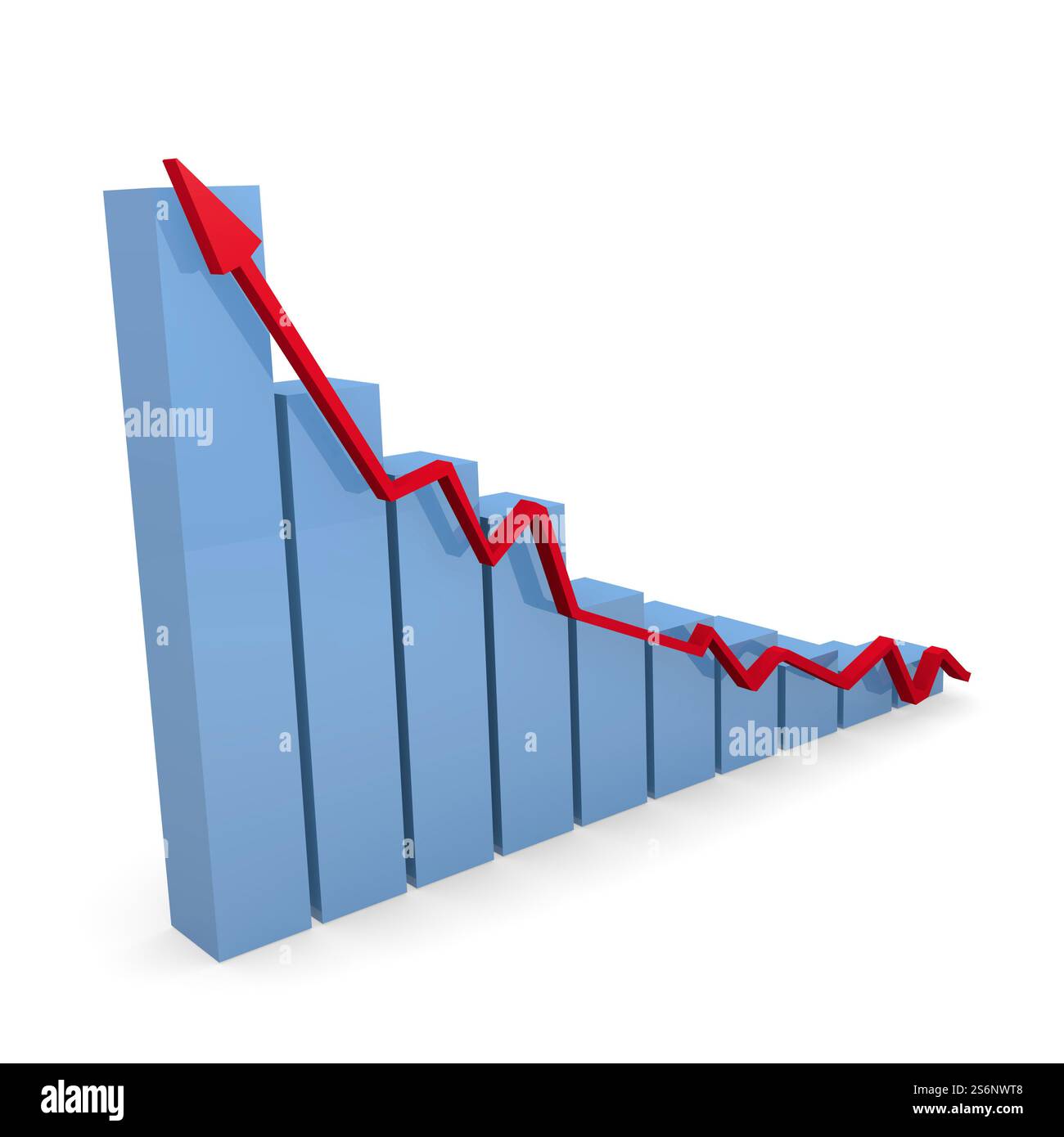 Business graph in blue with a red upswing arrow on a white background ...