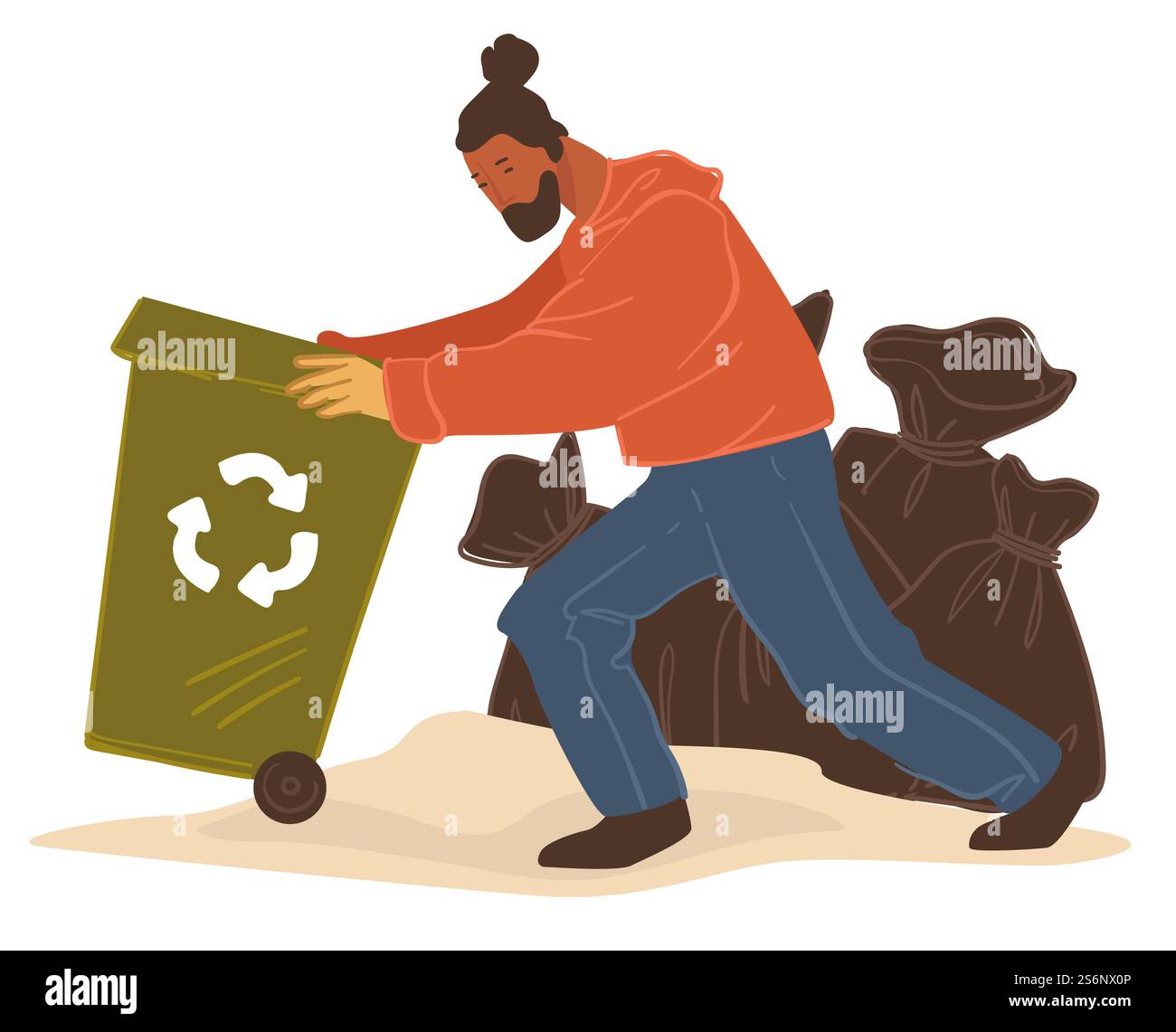 Male character pulling big container with garbage or litter for ...