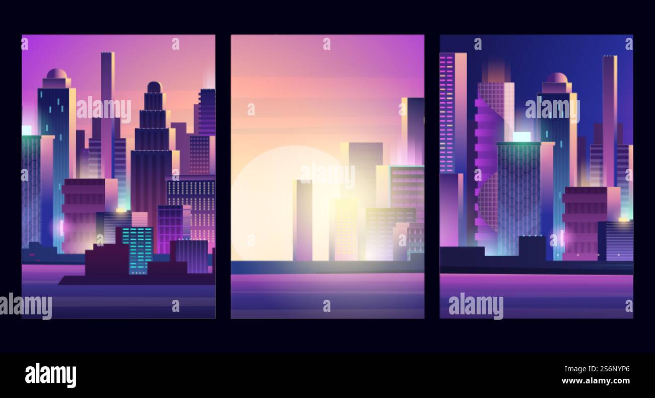 Glow city landscape. Cyberpunk style urban, futuristic neon skyscraper ...